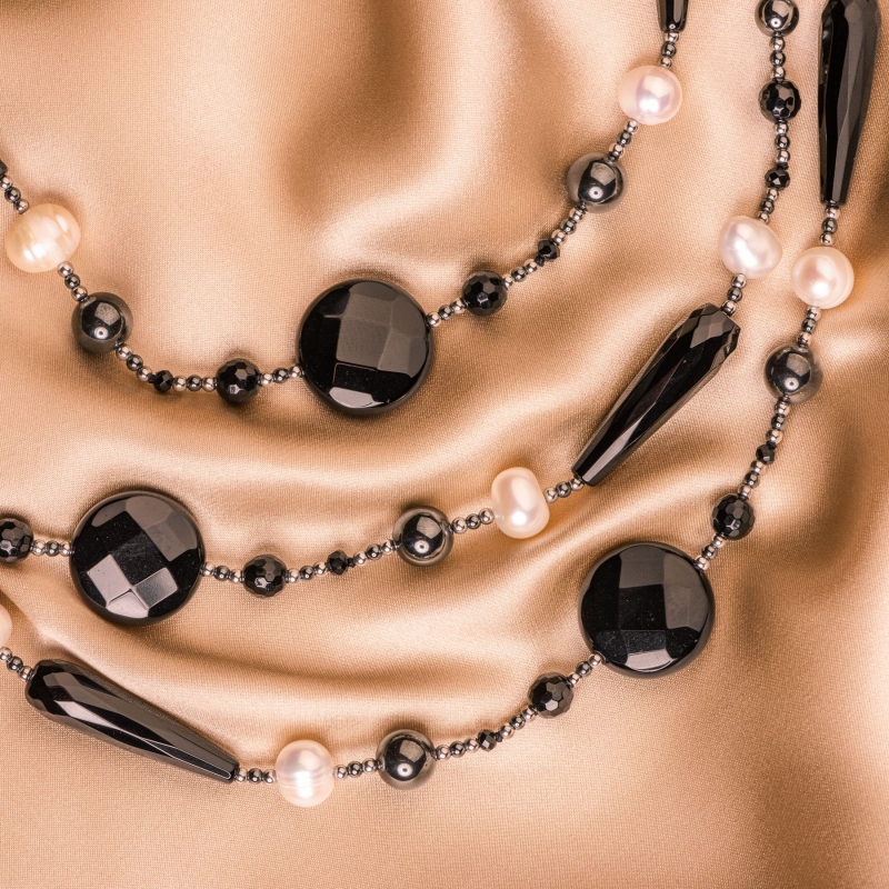 Colier lung onix negru, hematit, perle