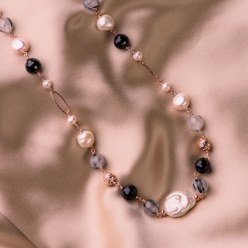 Colier argint perle, cuart si agate negre