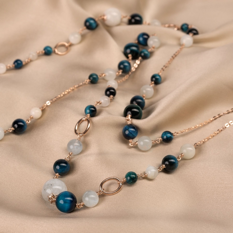 Colier argint roz ochi de tigru turcoaz, piatra lunii