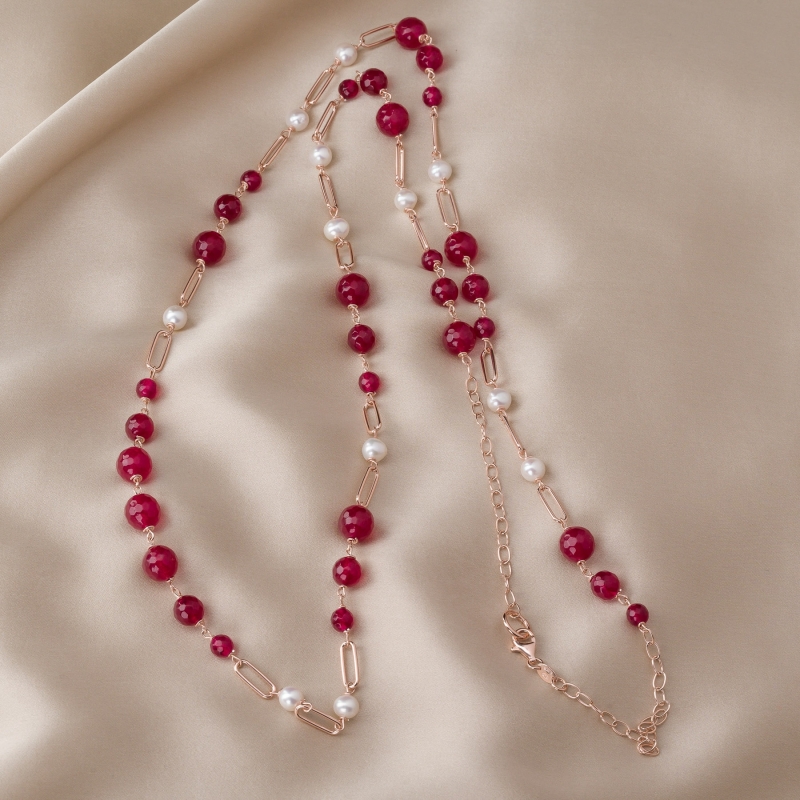 Colier lung din argint roz, cu jad rosu si perle naturale, Italia
