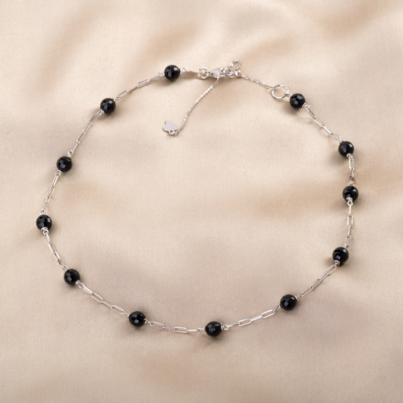 Colier Choker argint cu pietre agate negre ajustabil lantisor culisant