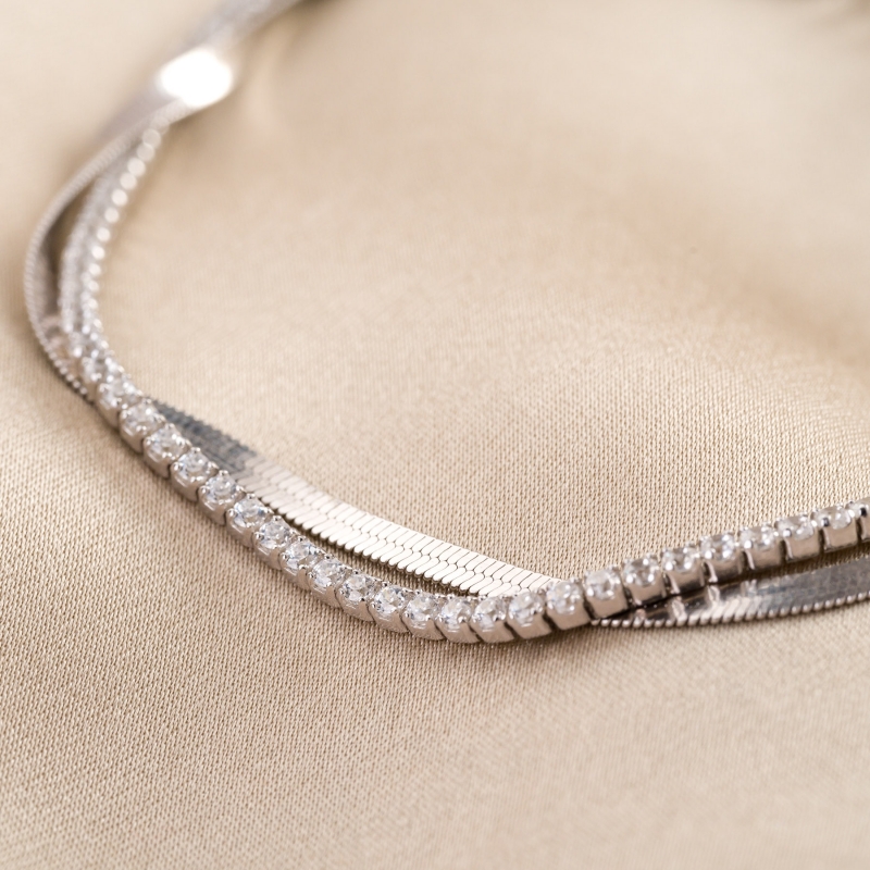 Bratari argint 925 Tennis Snake chain zirconia duble cu lant sarpe