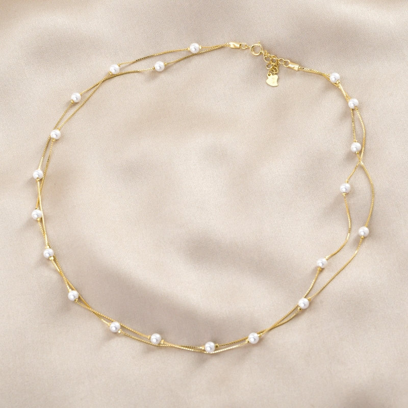 Coliere argint rodiat, dublu, Delicate 20 Pearls gold cu perle