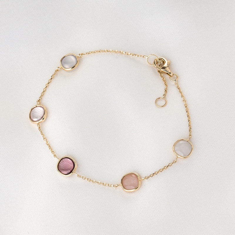 Bratara aur 14K Claire du Monde cu jad alb, piatra lunii, acvamarin