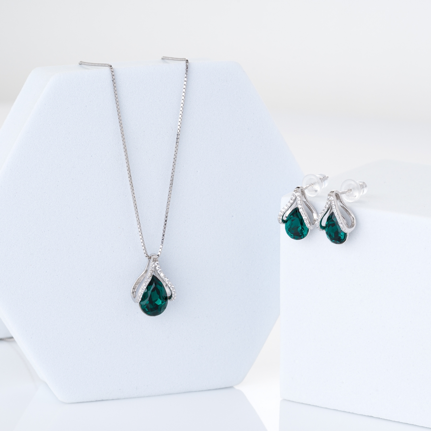 Set argint cercei, lant si pandant Feelings Emerald Drops