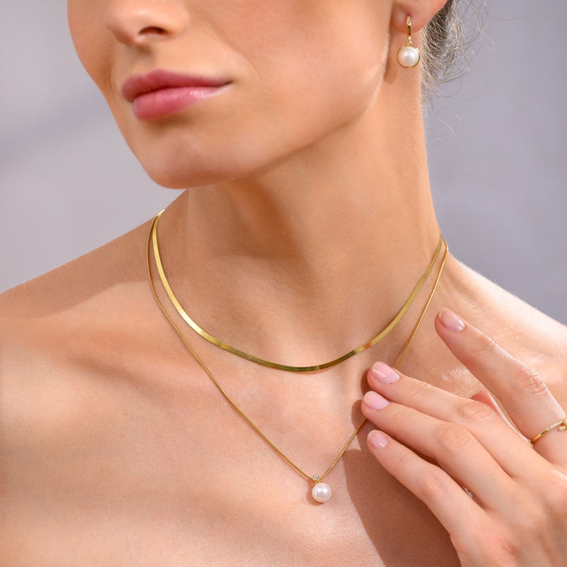 Colier argint Herringbone, lantisor plat, din argint placat cu aur 14K