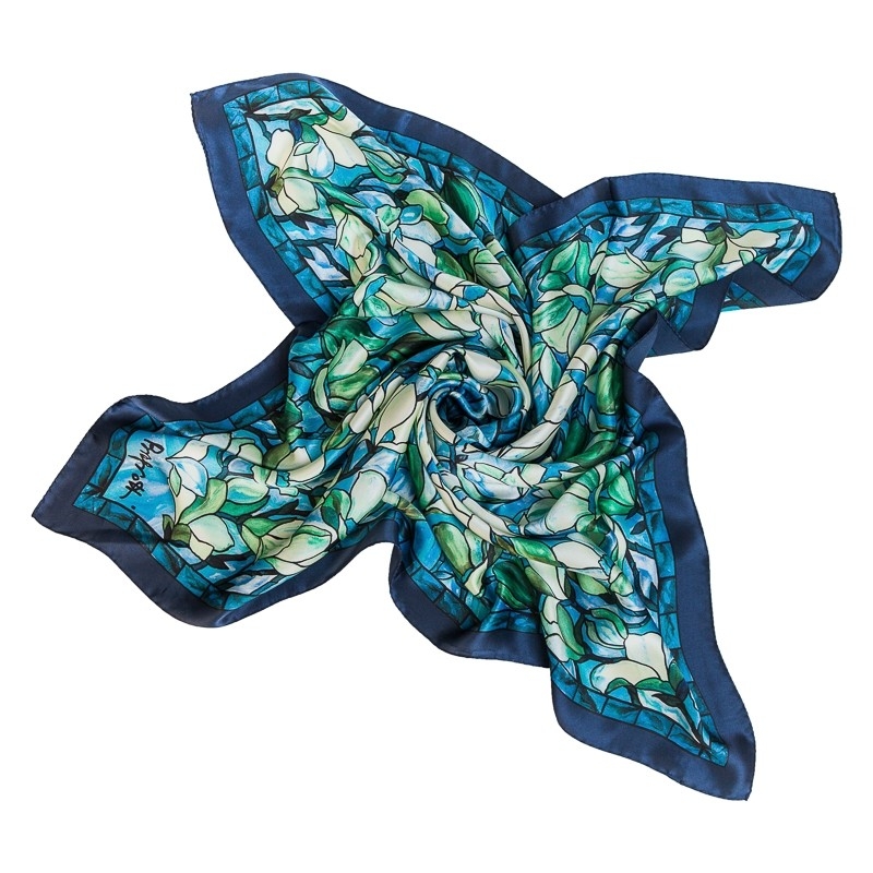 Esarfa matase eleganta, print floral albastru-Tie-Me-Up